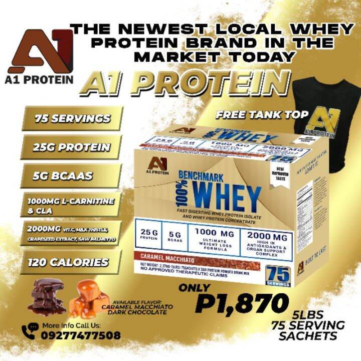 A1 Protein Benchmark Whey Protein 5lbs 75 serving sachets FREE TANK TOP ...