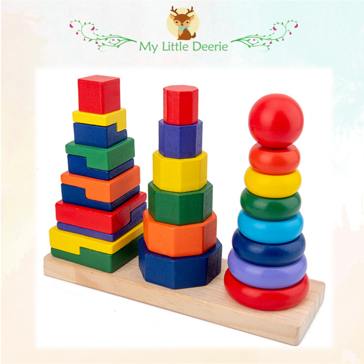 Wooden 3 in 1 Geometric Stacker Shapes & Colours Sorting Tower ...