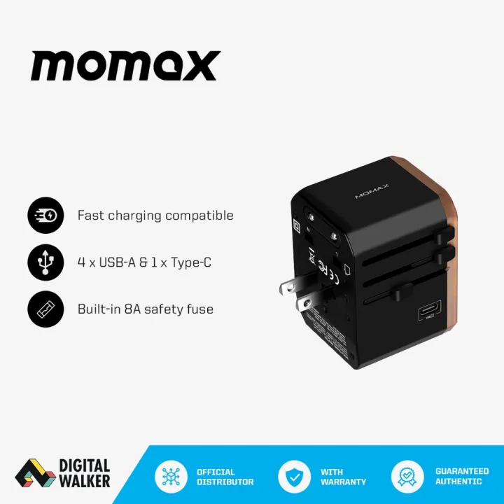 Momax 1-World USB AC Travel Adapter (Type-C + 4 USB-A) - Black | Lazada PH