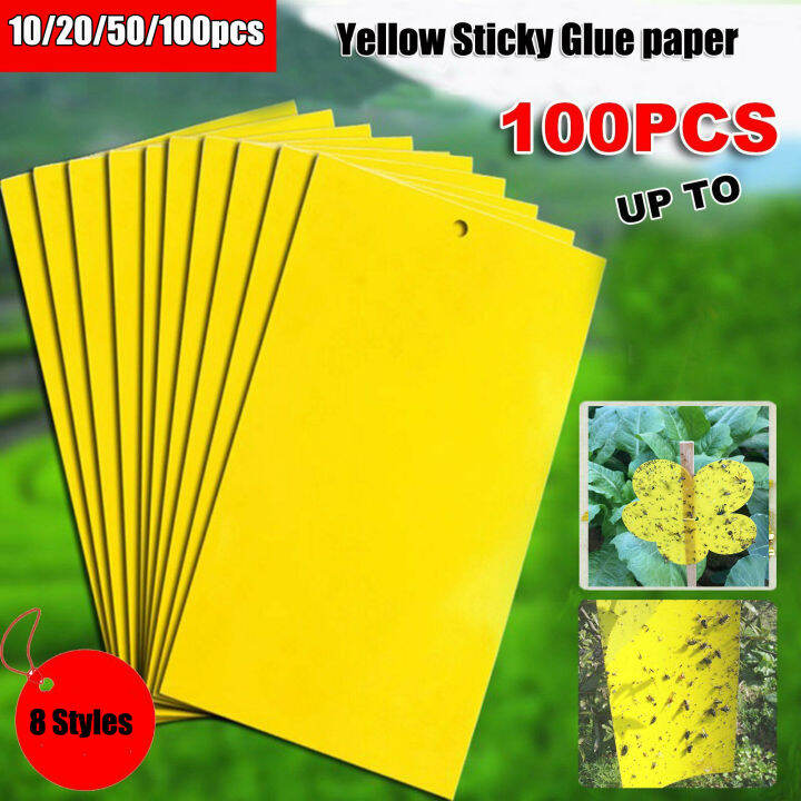 100pcs Insect Sticky Trap Up 10/20/50/100pcs Yellow Sticky Glue paper ...