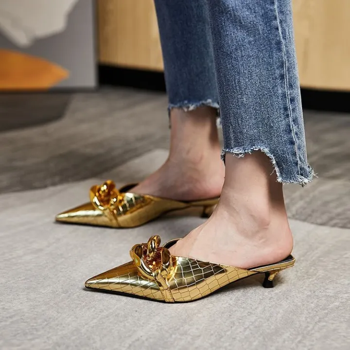 Fashion Gold Pointed Toe High Women Slides | Lazada PH