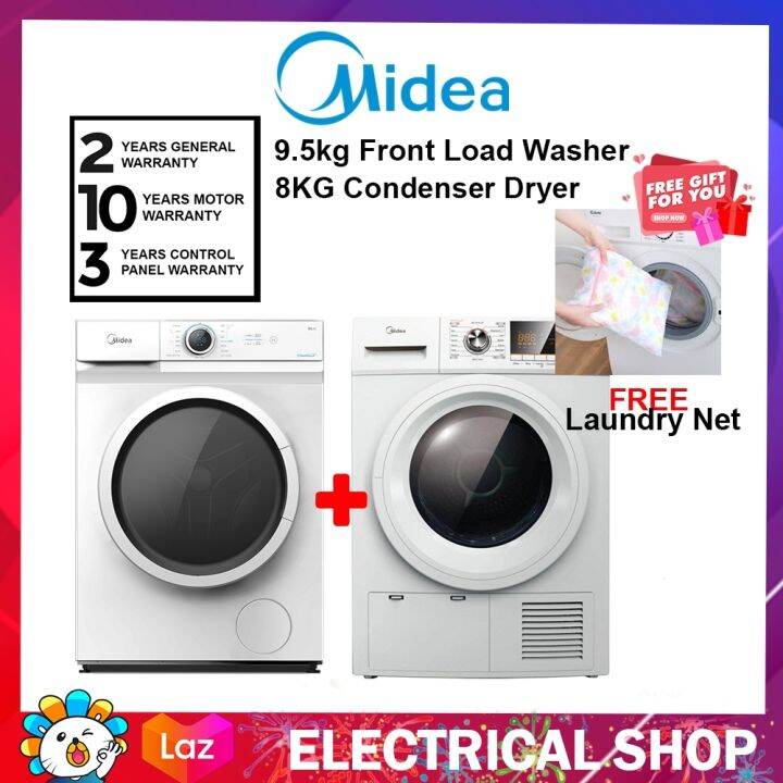 {COMBO} Midea 9.5kg Front Load Washer Inverter MF100W95B and 8kg ...