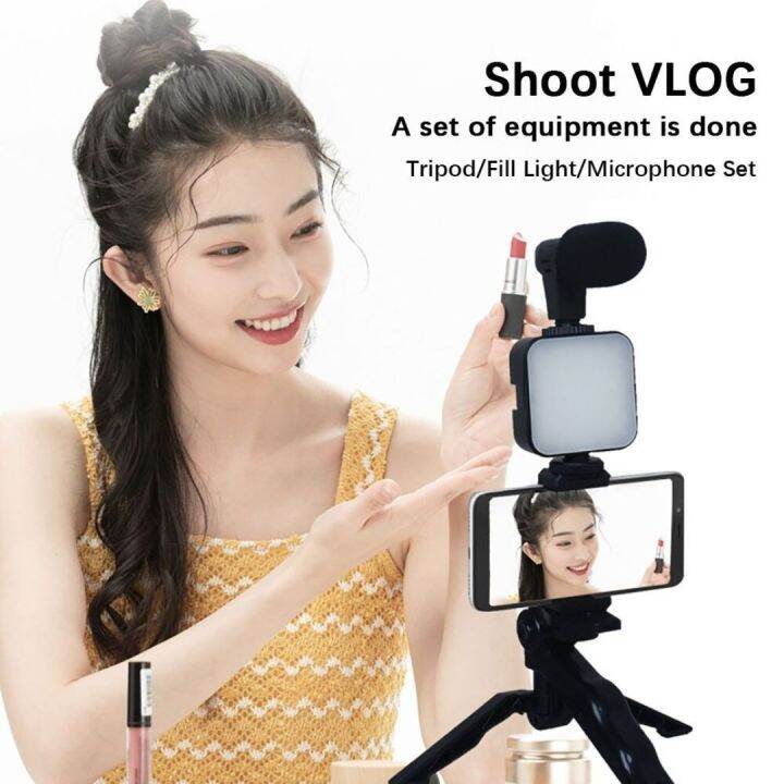 Joejoe Black Tripod stand phone holder with ring light microphone for ...