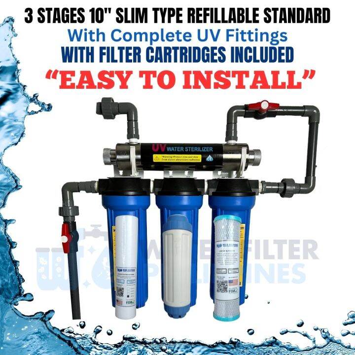 Water Filter 3 Stages 10” Slim type Refillable Standard Deepwell with 2 ...