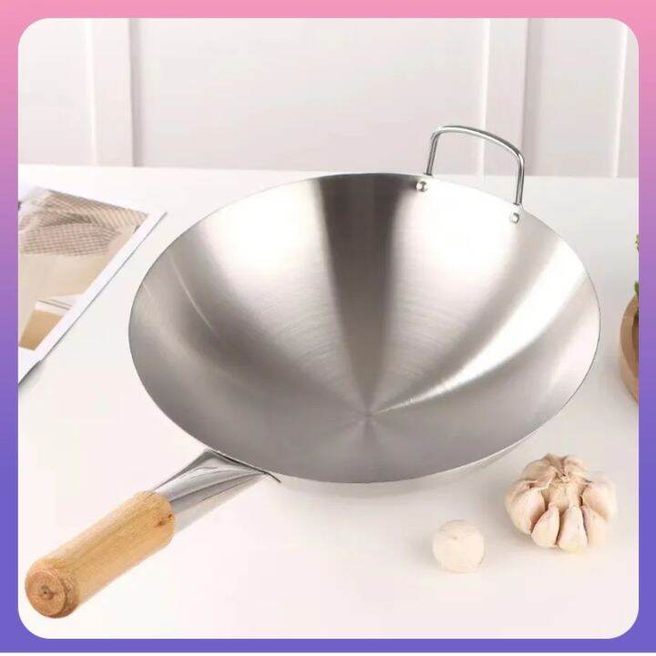 Wajan Anti Lengket Stainless Premium /Wajan Nasi Goreng Kuali Katel Gagang Kayu Ukuran 32/34/36 ...