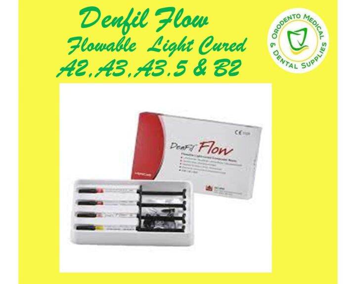 Denfil Flow Shade A2,A3,A3.5 & B2 Light-Cure Composite resin 4 Syringe ...