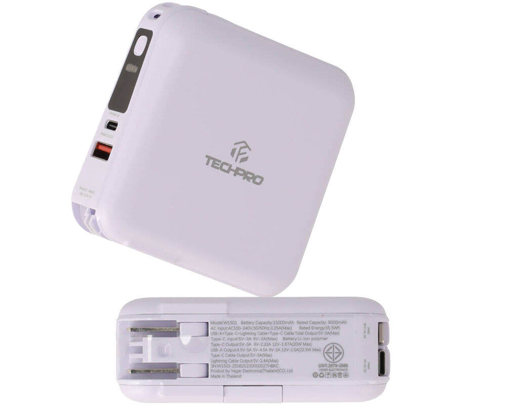 TECHPRO Power Bank 15000 mAh 1xUSB-A /1xType-C LED Display 2 in 1 Cable ...