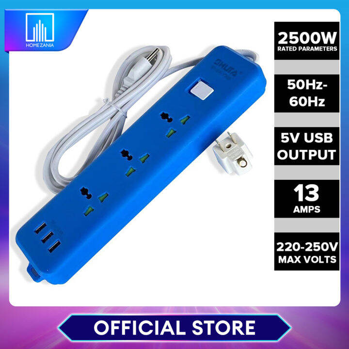 Home Zania 2-4M Socket Extension 3 Outlet 3 USB Ports, Extension Cord ...