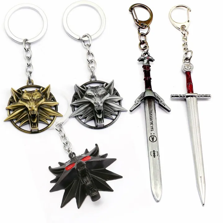 เกม Witcher 3 Wild Hunt Wolf Head พวงกุญแจ Geralt โลหะ Medallion Sword ...