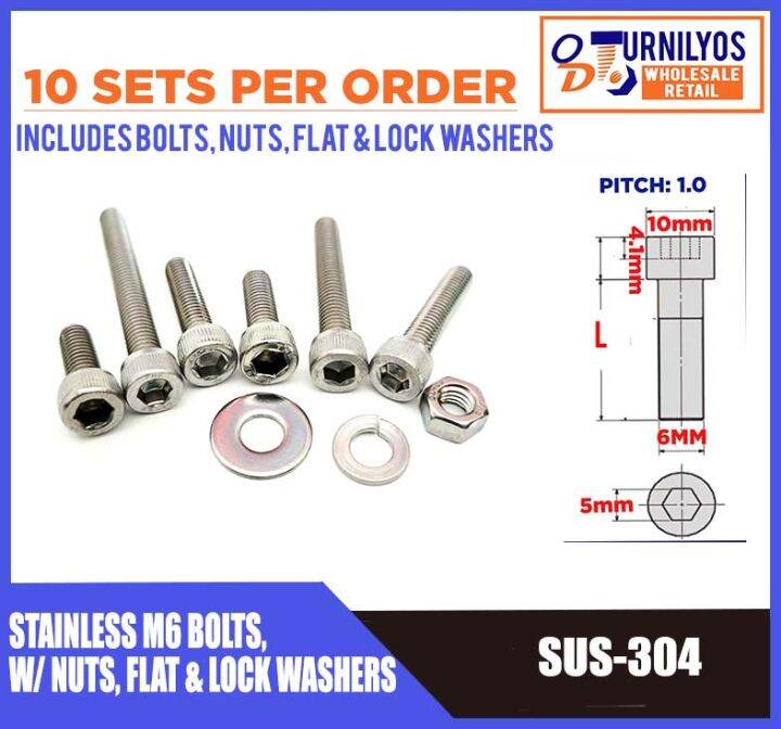10 SETS STAINLESS M6 ALLEN BOLTS WITH NUTS, FLAT WASHERS AND LOCK WASHERS SUS-304 | Lazada PH