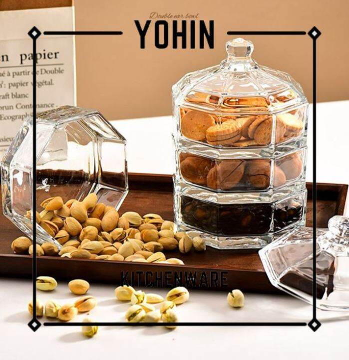 YOHIN Octagon Stackable Glass Snack Container With Lid/ Bekas Makanan ...