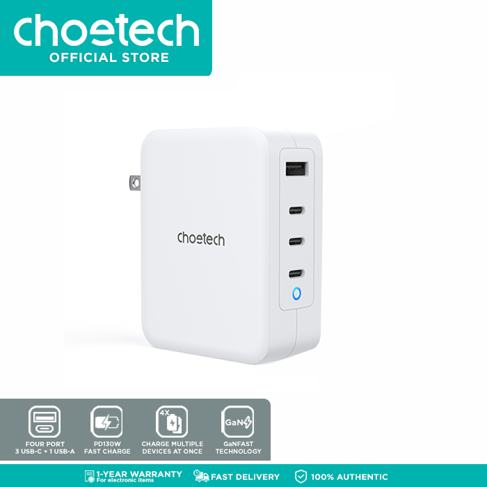 CHOETECH PD6001 130W 4-port Wall Charger Quick Charging GaN 1 USB-A, 3 Type-C Power Adapter ...