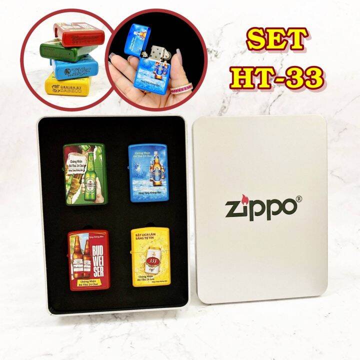 BỘ 4 BẬT LỬA ZIPPO 2 MẶT THƯƠNG HIỆU BIA CÁC KIỂU (HEINEKEN, TIGER, 333 ...