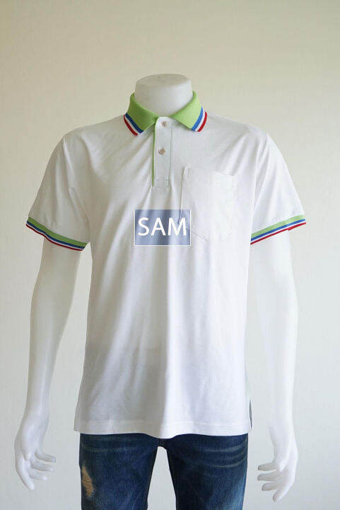 SAMPOLO NANAเสื้อโปโลสีชาวลายสุภาพ ดูเรียบร้อย เสื้อขาวปกเขียวมะนาว ...