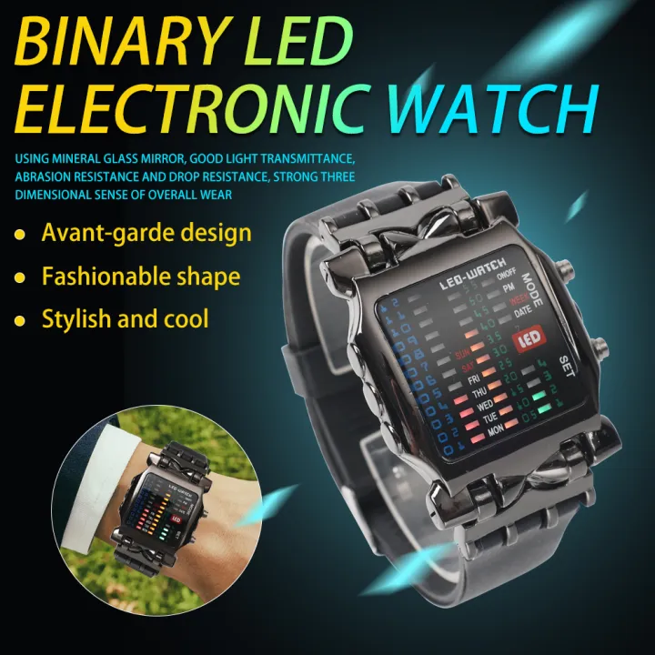 1ชิ้นนาฬิกาข้อมือ Led อิเล็กทรอนิกส์ไบนารีสแควร์ Dial สายซิลิโคนนาฬิกา ...