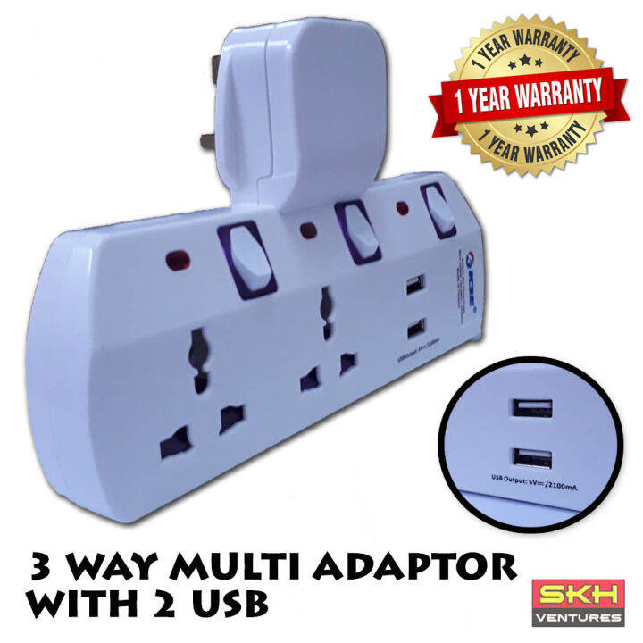 KSE 3 Pin/ UK Plug with 3 Ways Multi Universal 2 USB Port Adapter ...