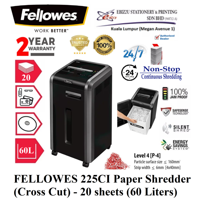 FELLOWES 225CI Paper Shredder (Cross Cut - 4 x 38mm) - 20 sheets (60 ...