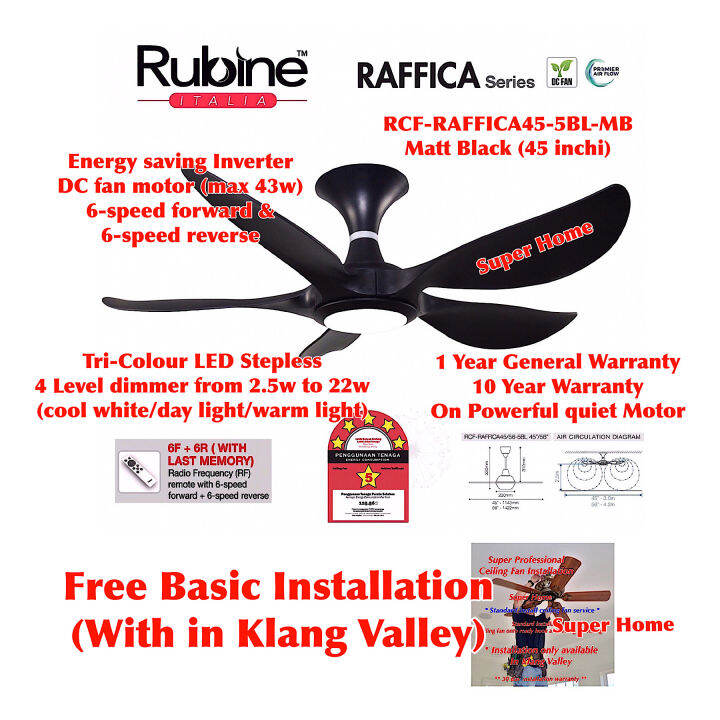 Rubine Inverter DC Motor Ceiling Fan with TRI-Colour LED Light RCF-RAFFICA45-5BL MB - Matt Black ...