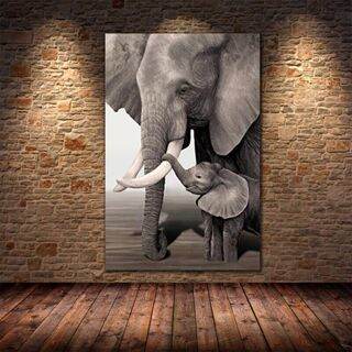 Lukisan Kanvas Hewan Alam Gajah Ibu dan Anak Poster dan Cetakan Gambar ...