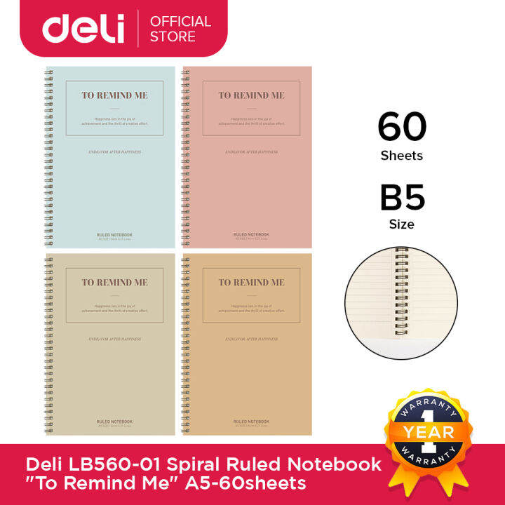 Deli B5 Spiral Notebook for School Supplies "To Remind Me" 60 Sheets ...