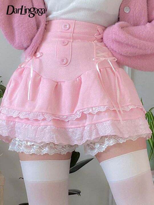 Darlingaga ROK Mini เอวสูงขอบลูกไม้สีชมพูหวานสไตล์โลลิต้าสำหรับผู้หญิง ...