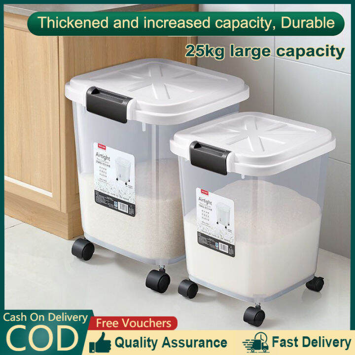 Rice bucket with wheels airtight rice dispenser 25kg storage container ...