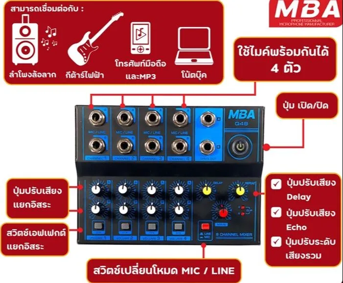 MBA Electronic มิกเซอร์ MIXER มิกซ์ มิกใบ้ 4ช่อง มิกบลูทูธได้ Q48 มิกซ์ ...