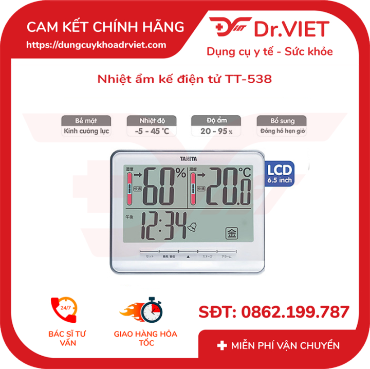 Nhiệt ẩm kế điện tử TT-538 (hiển thị đồng thời nhiệt độ, độ ẩm và thời gian với thiết kế đơn ...