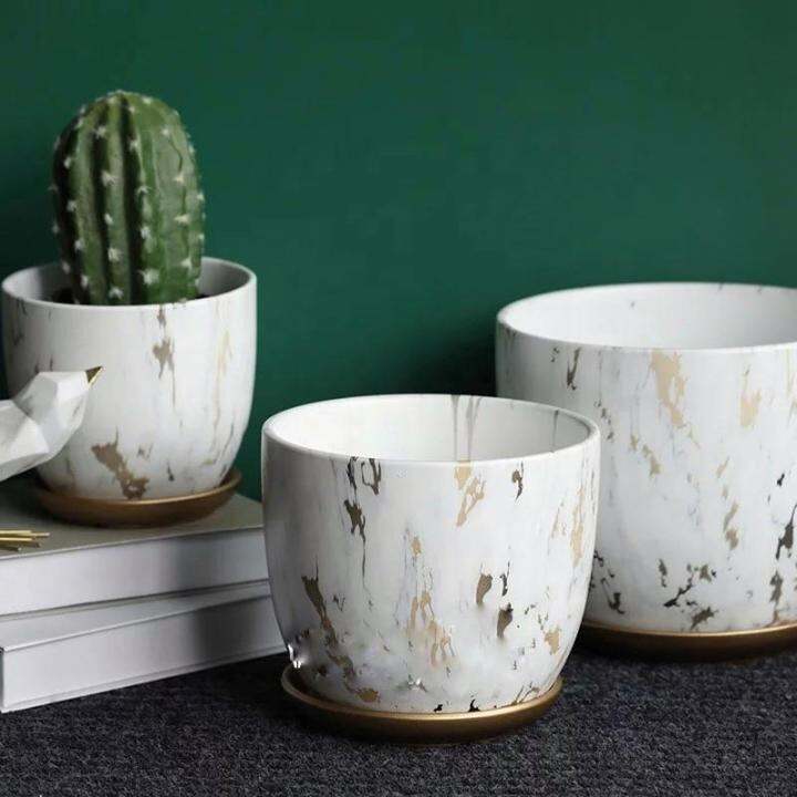 round shape copper gold marbled finish ceramic desk pot with catch ...