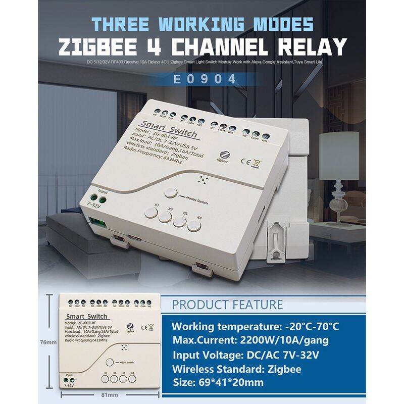 4CH Zigbee Smart Light Switch Module DC 5/12/32V RF433 Receive 10A ...