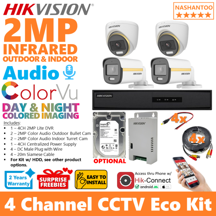 HIKVISION 4CH 2MP 4Cameras (2 Outdoor Bullet, 2 Indoor Turret/Dome) ColorVU Audio 4CH DIY CCTV ...