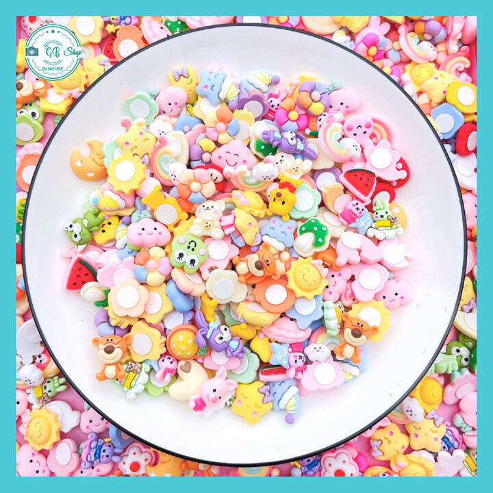 Bộ 4 Sticker 3D kèm keo silicon , charm cute, màu pastel làm slime, phụ ...