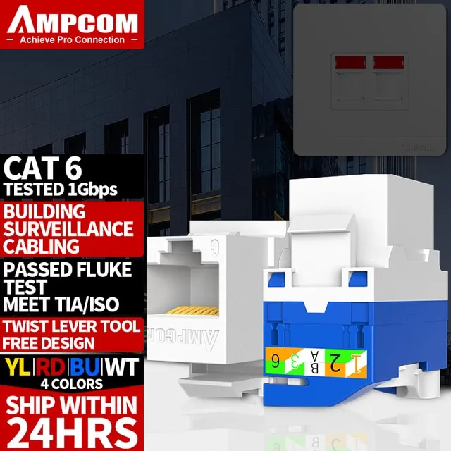 AMPCOM RJ45 Keystone Jack CAT6 CAT5E CAT6A Tool Free Self-Locking ...