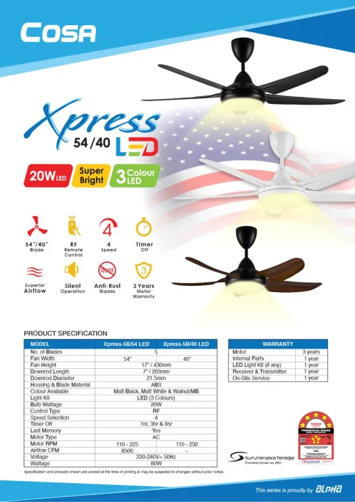 ALPHA COSA - EXPRESS 54/40 INCH LED CEILING FAN WITH 5 BLADES ( 4 ...