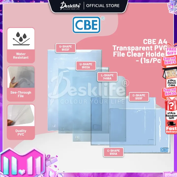 Desklife CBE A4 Transparent PVC File Clear Holder U / L / C Shape -(1s/Pcs) A4 Paper Organizer ...