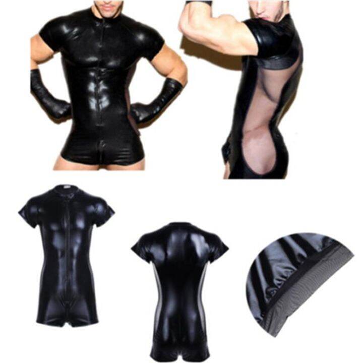 Wetlook Latex Catsuit Leather Man Jumpsuits Black Stretch Pvc Mesh