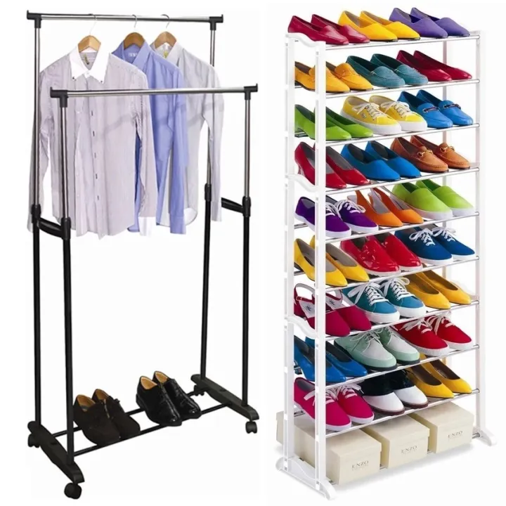 Adjustable Double Rail Garment Rack with Shoes Shelf on Wheels With ...