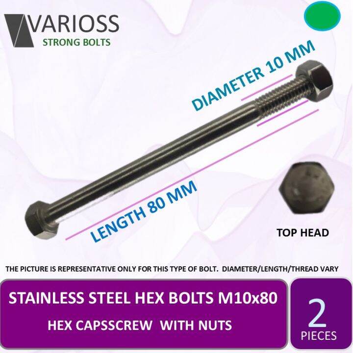 SS Hex Bolts M10X80 mm - 2 pcs, 10 mm diameter x 80 mm length ...
