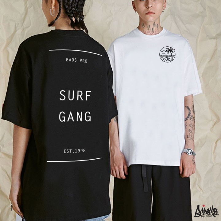 🔥 12.12 SALE 🔥 ® เสื้อยืด Over Long รุ่น Surf Gang Day สีดำ ขาว ( สกรีน ...