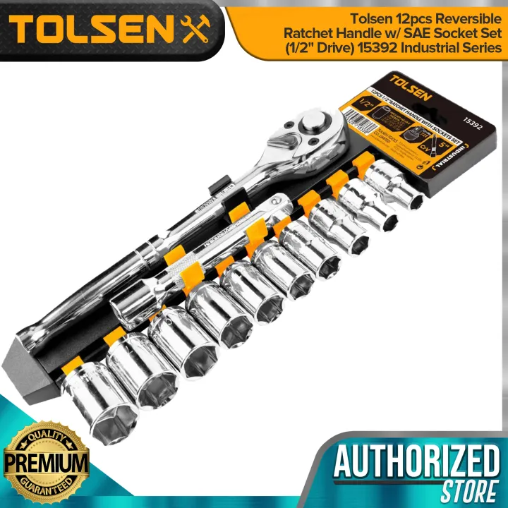 Tolsen 12pcs Reversible Ratchet Handle w/ SAE Socket Set (1/2" Drive ...