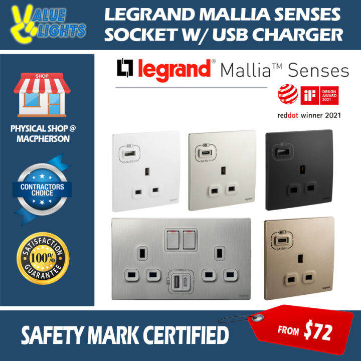 Legrand Mallia Senses 2022 13A Socket Outlet with USB Type A Type C 2.4 ...