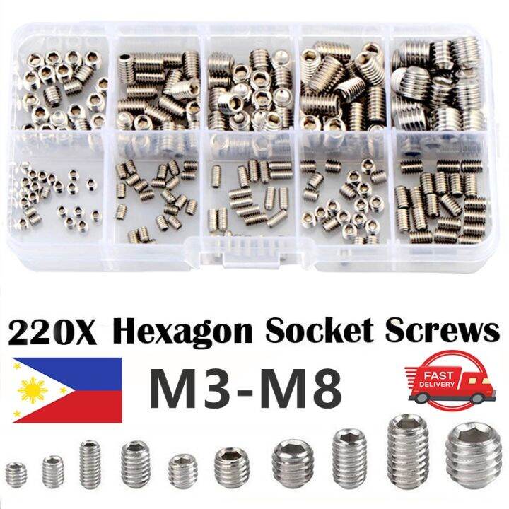220pcs/set M3 M4 M5 M6 M8 Stainless Steel Allen Head Socket Hex Socket Set Grub Screws ...