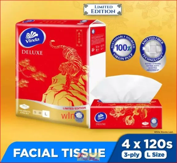 VINDA DELUXE SOFT PACK 3 PLY FACIAL TISSUE LARGE l 4 x 120s - *** CNY ...