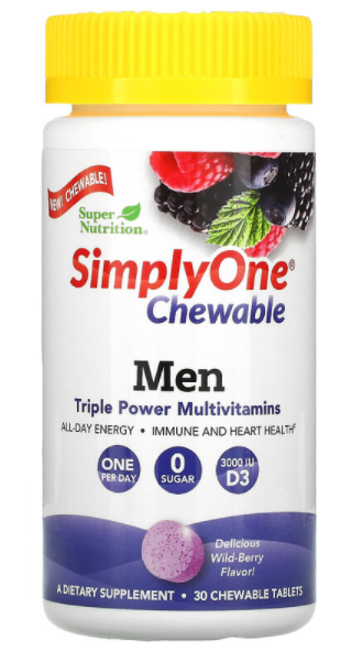 Super Nutrition, SimplyOne, Men, Triple Power Multivitamin, Wild-Berry Flavor, 30 Chewable ...