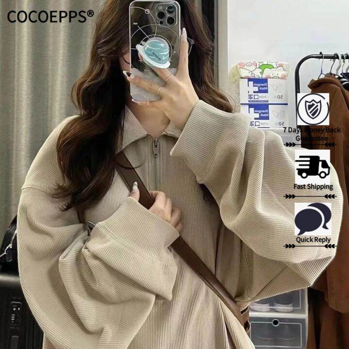 COCOEPPS เสื้อโปโลแขนยาวสำหรับผู้หญิง,เสื้อโปโลแขนยาวคอเสื้อฮู้ดทรงหลวมขนาดใหญ่สามารถใส่ได้ทั้ง ...