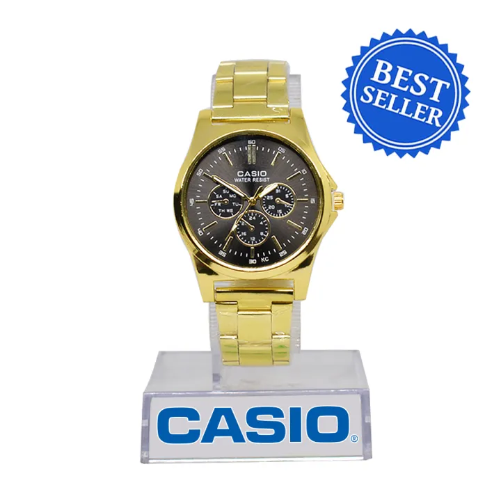 Casio Tri-Chrono Black Dial Gold Plated Stainless Steel Watch for Men ...