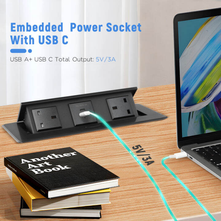 Desktop Power Socket With Usb C Aluminum Recessed Power Strip 2 Uk Plug Hidden Pop Up Sockets