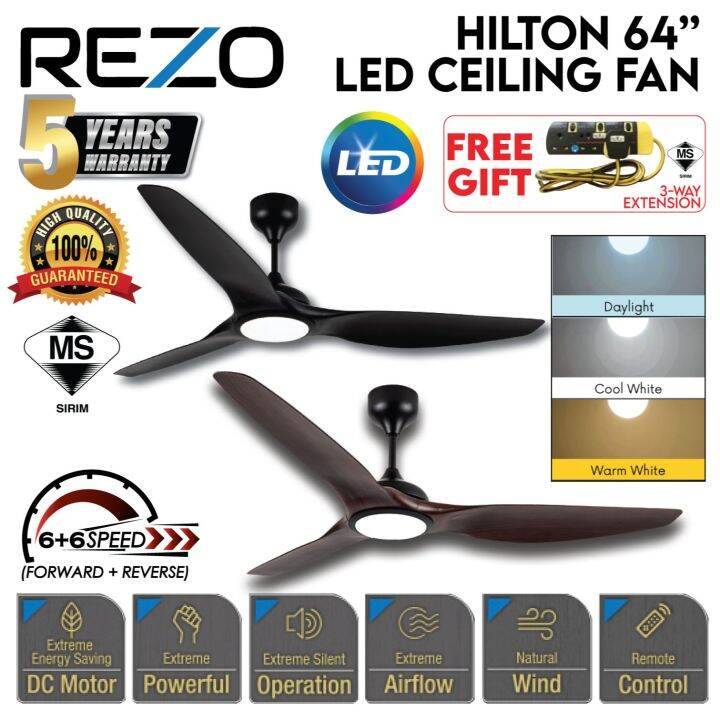 REZO HILTON 64”DC MOTOR 3 COLOUR LED LIGHT CEILING FAN | Lazada