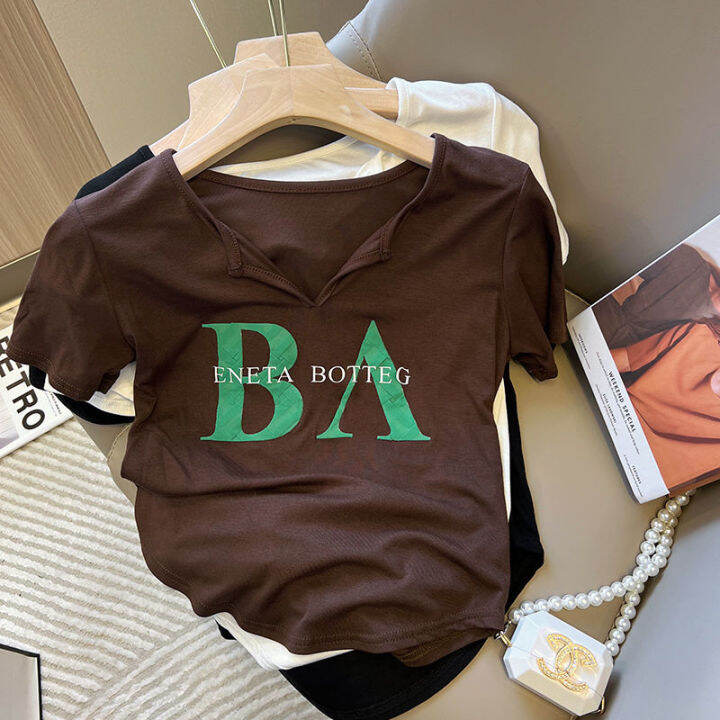 SSeE U เสื้อยืดสตรีสไตล์เกาหลีคอวี,เสื้อแขนสั้นพิมพ์ลายตัวอักษรเสื้อยืด ...