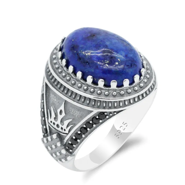 S925 sterling silver men's ring blue natural lapis lazuli crown anchor black zircon party ...